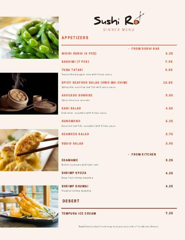 Menu at Sushi Ro restaurant, Prattville