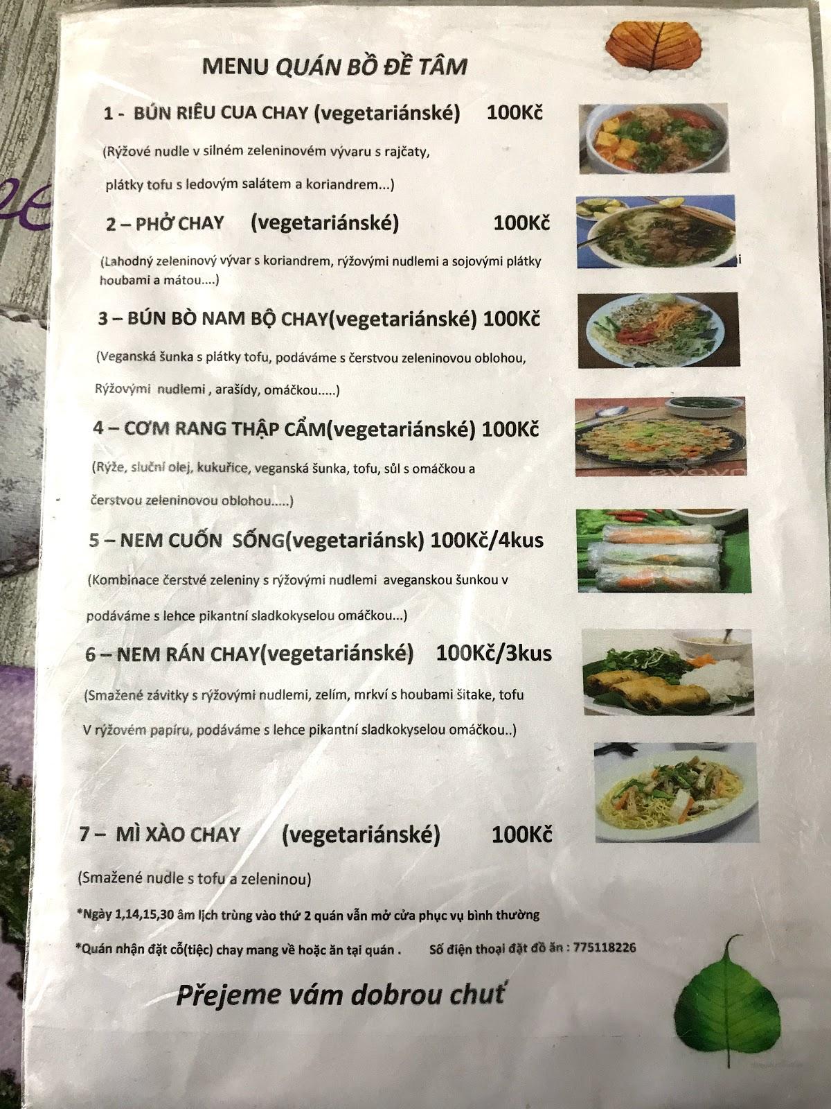 Menu at BO DE TAM restaurant, Prague