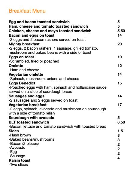 Menu at Cafizza restaurant, Geelong