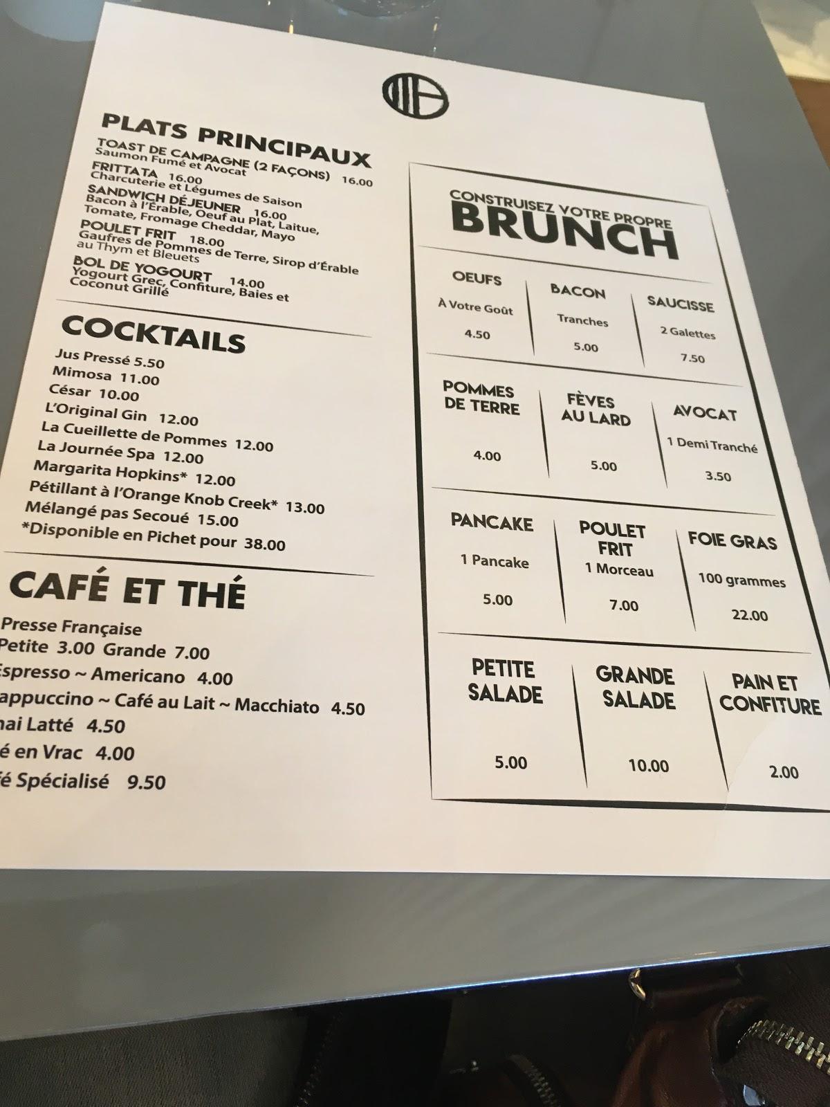 Menu at Hopkins restaurant, Montréal, Monkland Ave