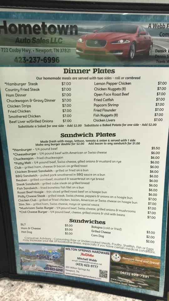 Menu at Janice's Diner restaurant, Cosby