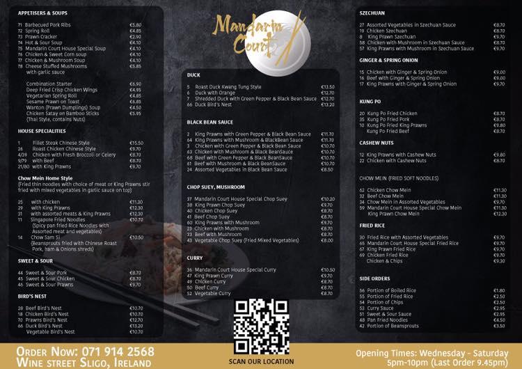 Menu at Mandarin Court Chinese Restaurant, Sligo