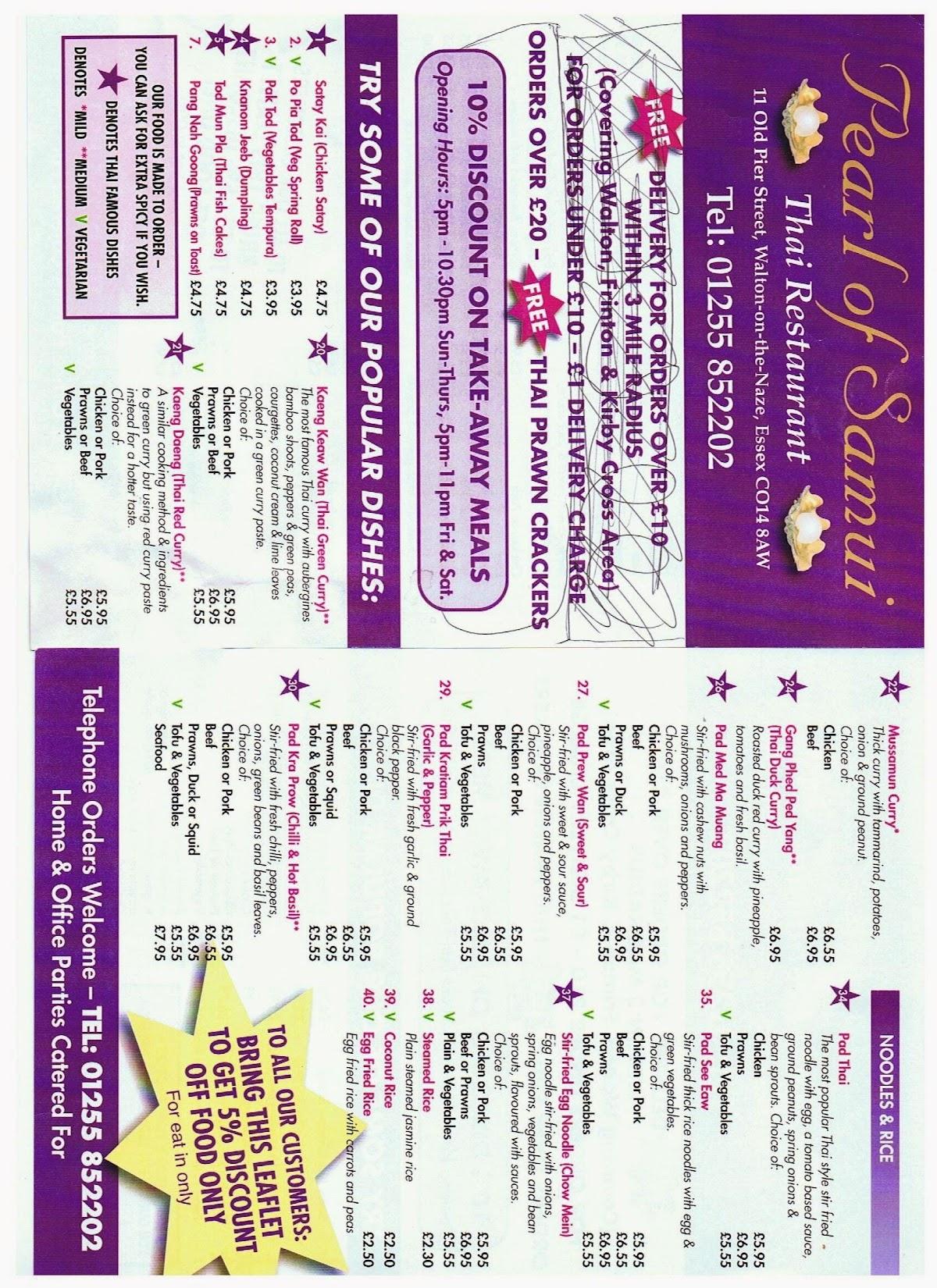 Menu at Pearl of Samui Thai Restaurant, Walton on the Naze