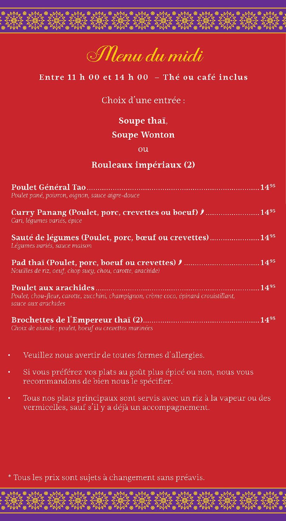 Menu au Restaurant Thaï Empereur, Repentigny