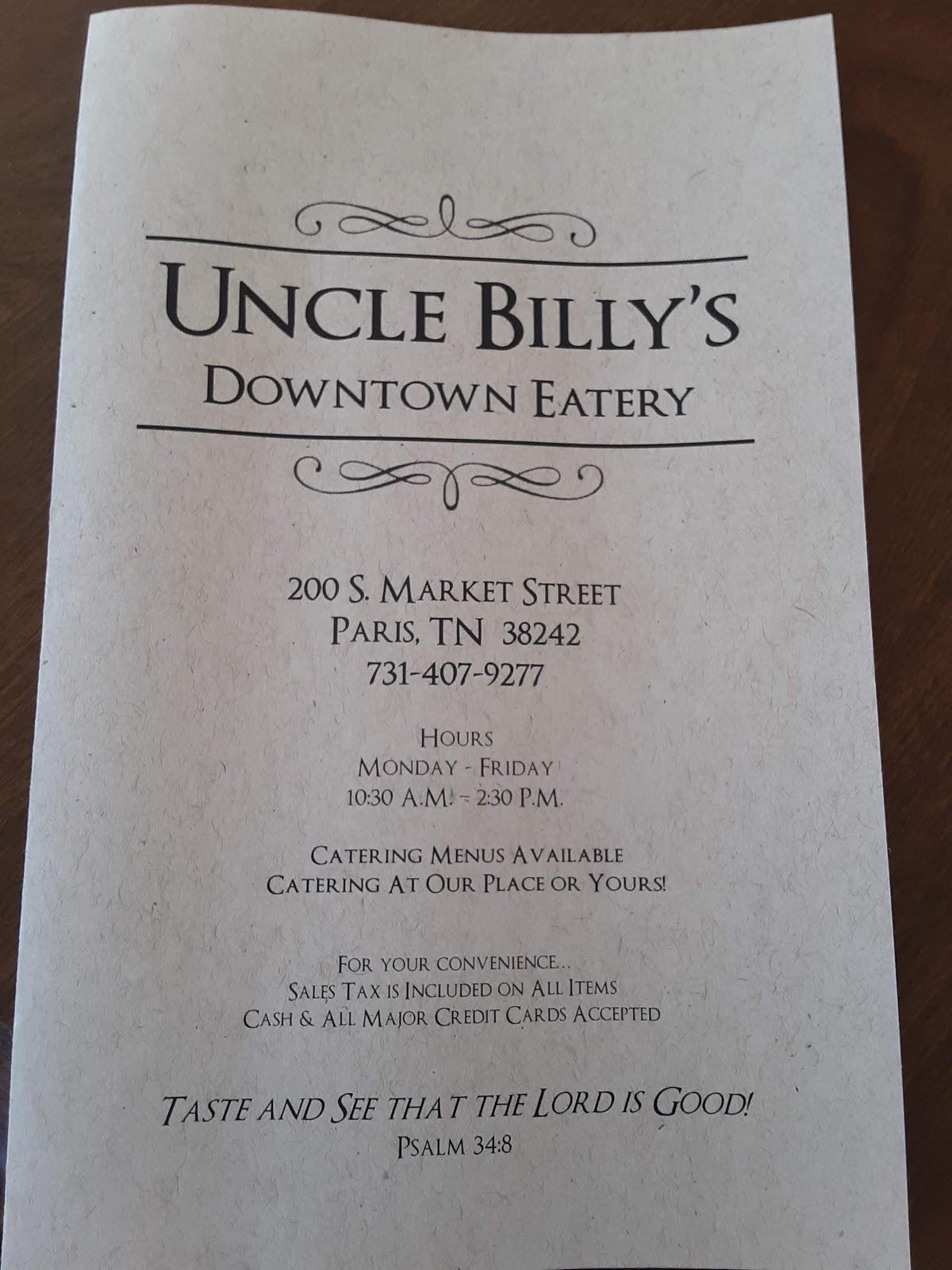 Menu at Uncle Billy's Downtown Eatery restaurant, Paris
