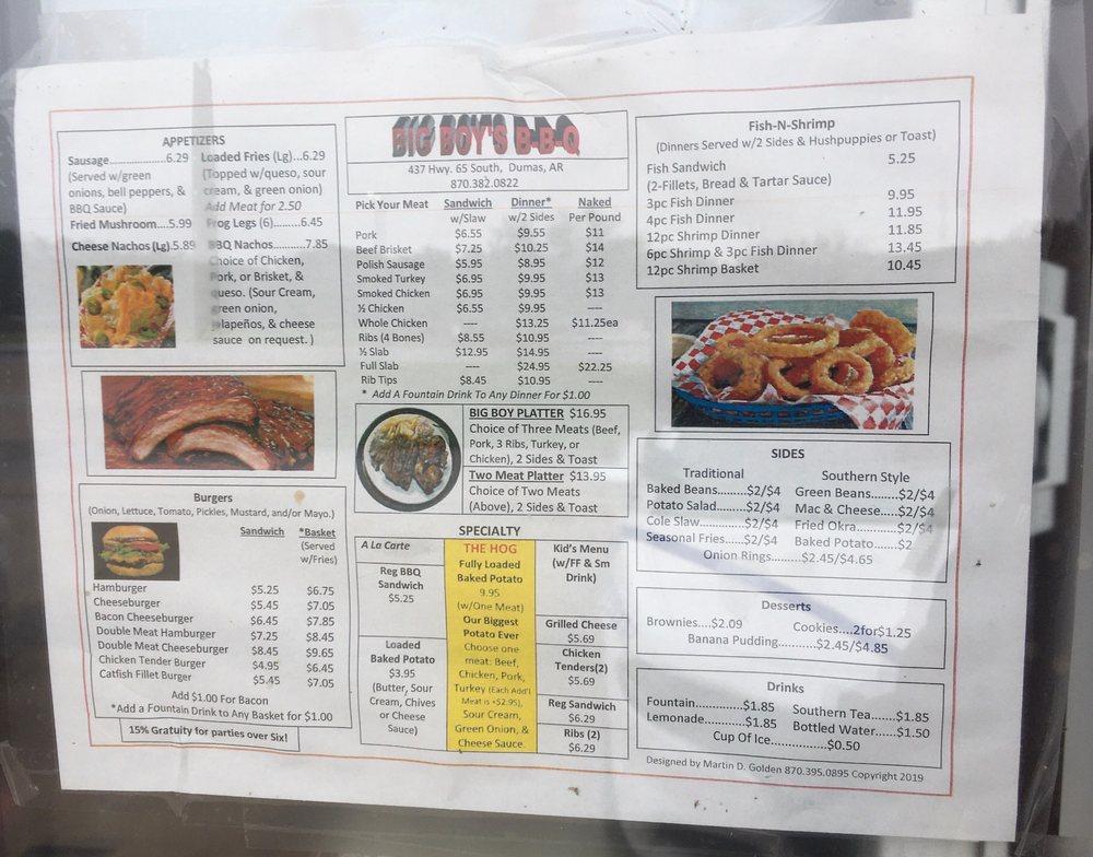 Menu at Big Boy's BBQ, Dumas, 437 US-65