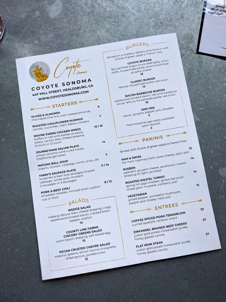 Menu at Coyote Sonoma pub & bar, Healdsburg