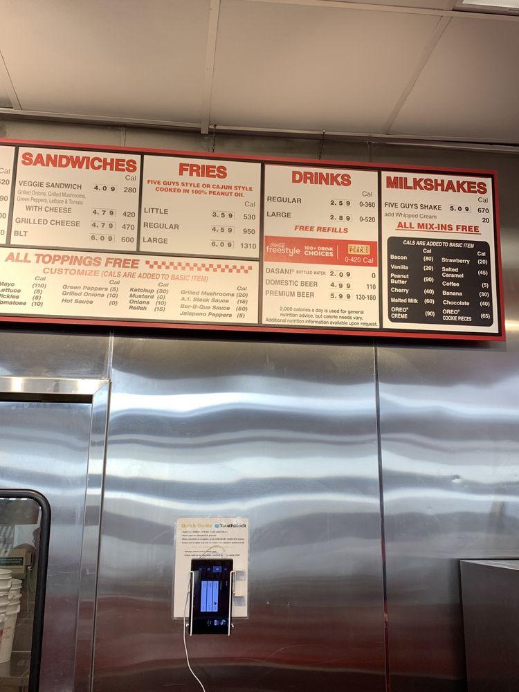 Menu at Five Guys fast food, Miami, 401 Biscayne Blvd