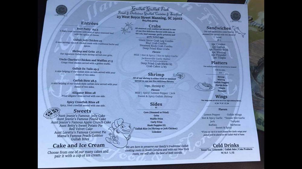 Menu at Gullah Gullah Fish restaurant, Manning
