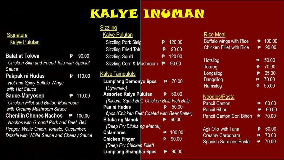 Menu at Kalye Inuman Restobar, Bacoor