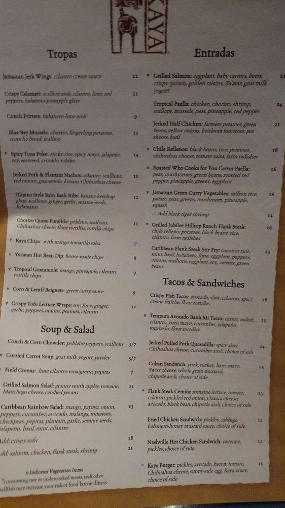 Menu at Kaya pub & bar, Pittsburgh