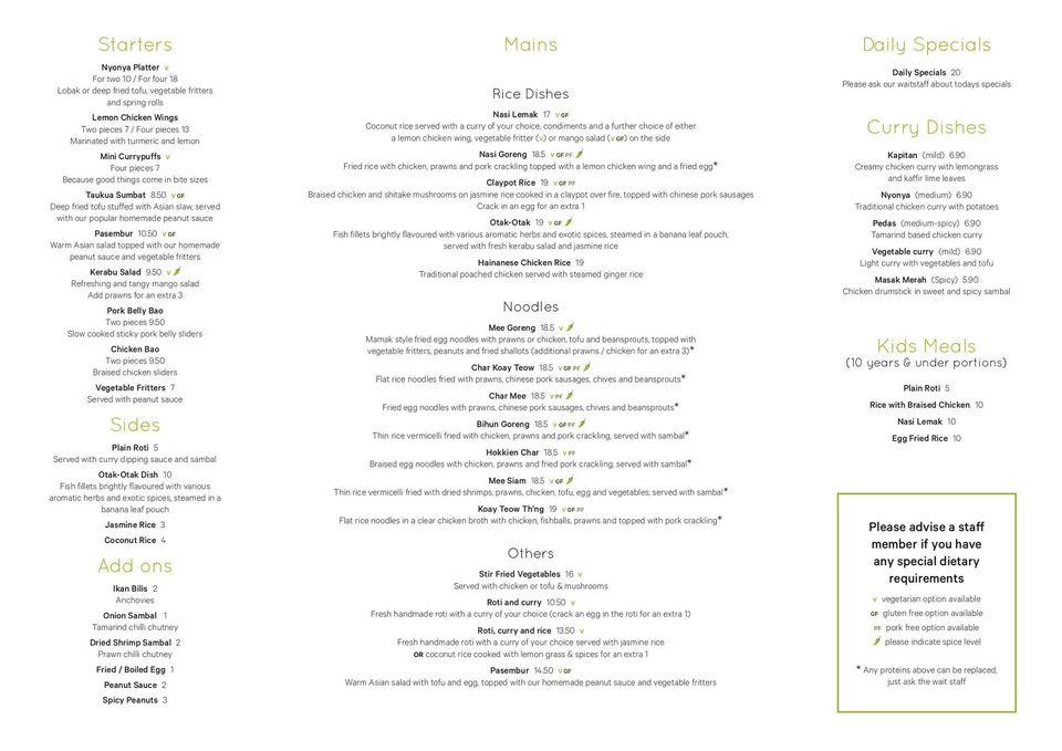Menu at Little Penang restaurant, Wellington, 175 Victoria St