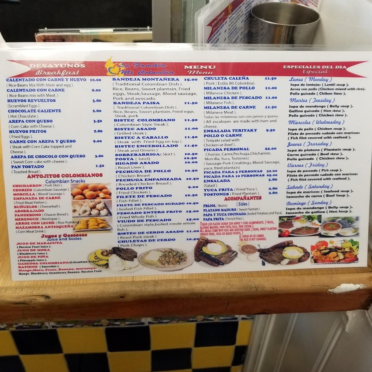 Menu at Mi Colombia cafeteria Miami Beach, Miami Beach