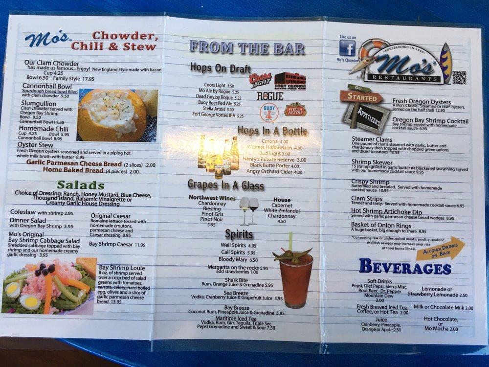 Menu at Mo's Restaurant, Astoria