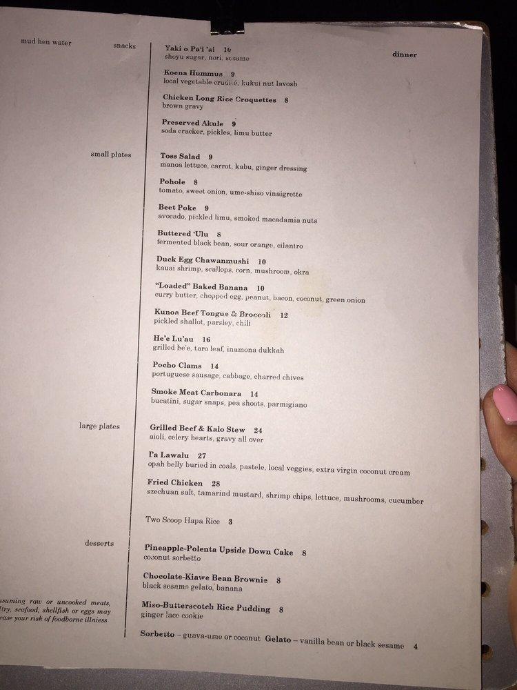 Menu at Mud Hen Water pub & bar, Honolulu, Waialae Ave