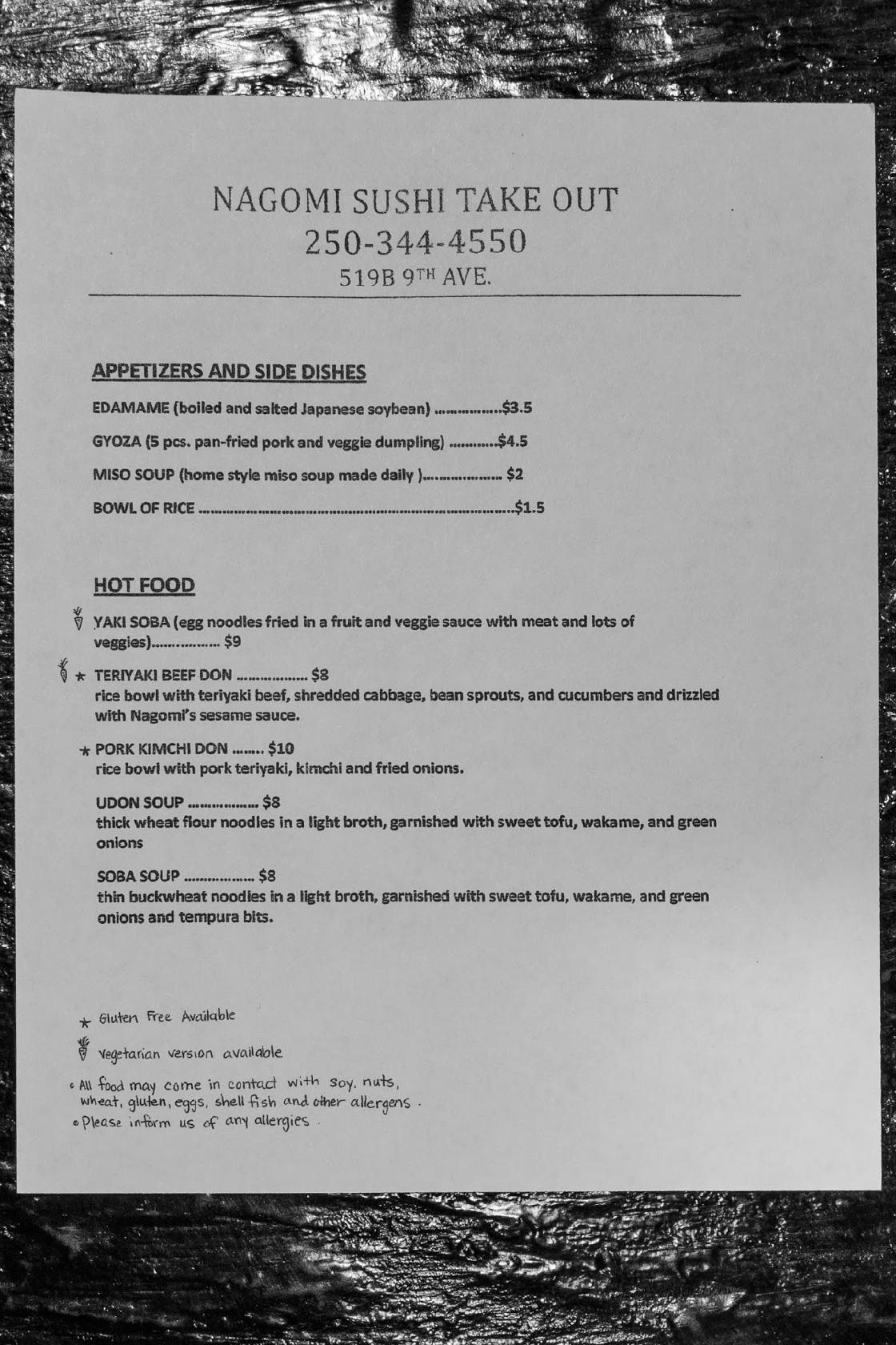 Menu at Nagomi Sushi restaurant, Golden, 519 9 Ave N