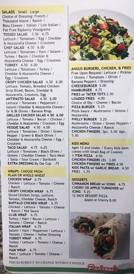 Menu at Padrone's Pizza pizzeria, Wapakoneta