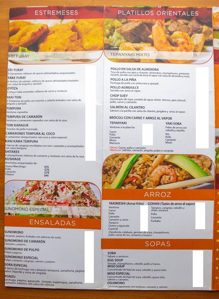 Carta de Sora Sushi Bar, Reynosa