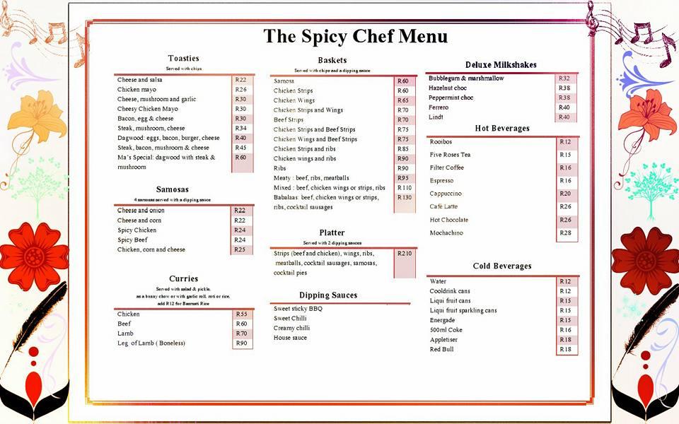 Menu at The Spicy Chef restaurant, Sasolburg