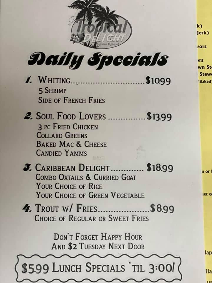Menu at Tropical Delight Cafe, Dover