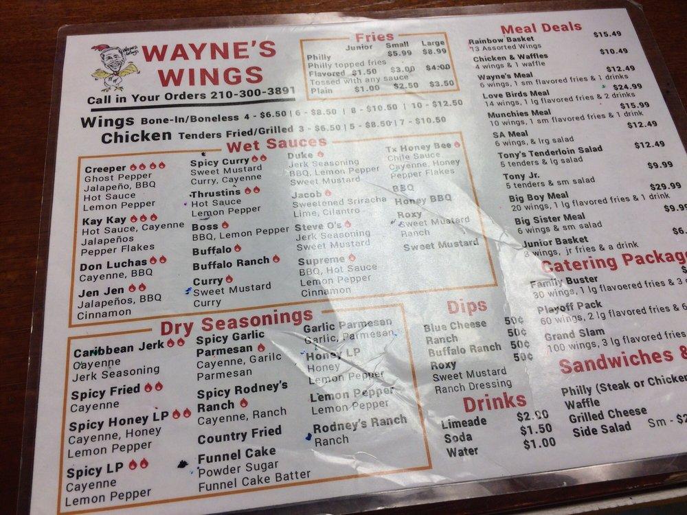 Menu at Wayne's Wings restaurant, San Antonio, Walzem Rd