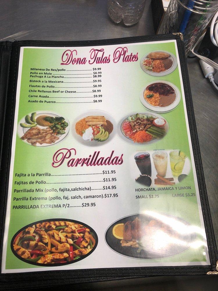 Menu at Dona Tula's restaurant, Houston