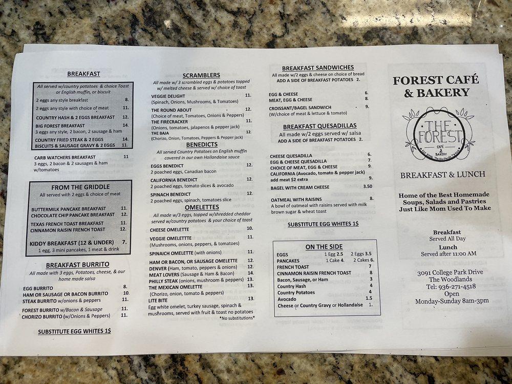 Menu at Forest Cafe & Bakery, The Woodlands
