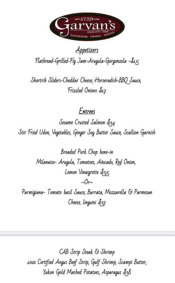 Menu at Garvan's Gastropub, New Paltz
