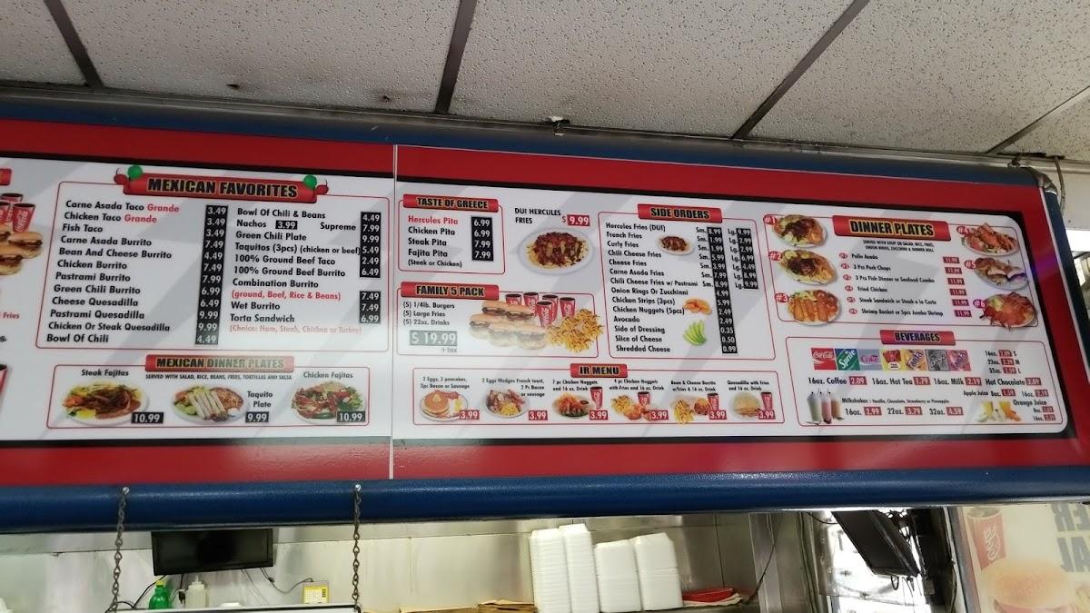 Menu at Hercules Burgers fast food, Lynwood