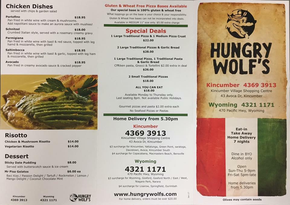 Menu at Hungry Wolf's Pizza & Pasta Kincumber pizzeria, Kincumber