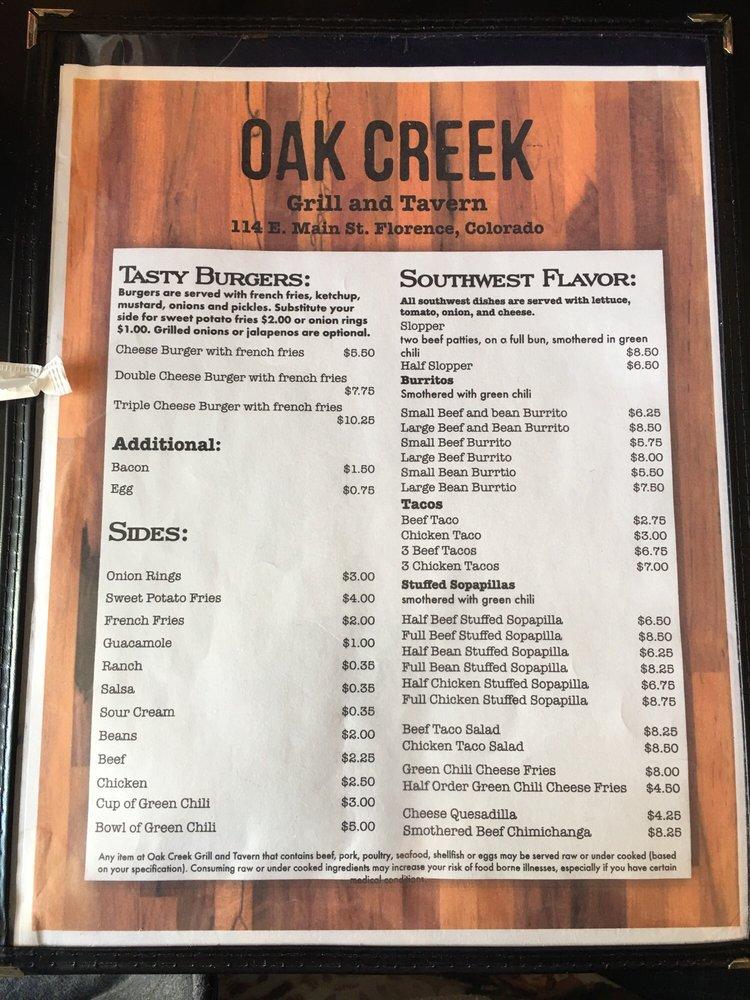Menu at Oak Creek Grill And Tavern pub & bar, Florence