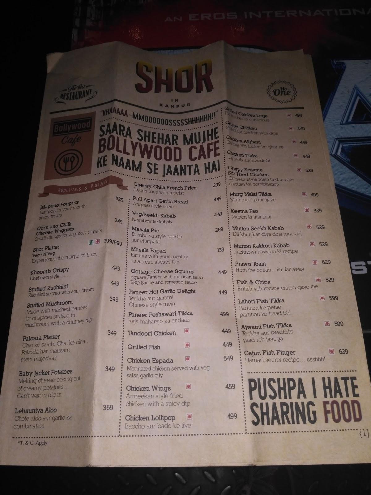 Menu at Shor Lounge, Kanpur