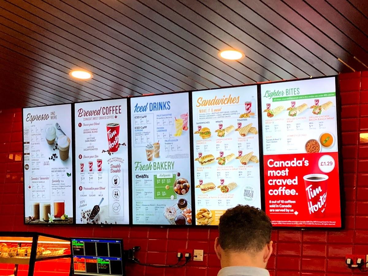 Menu at Tim Hortons restaurant, Glasgow, 96 George St
