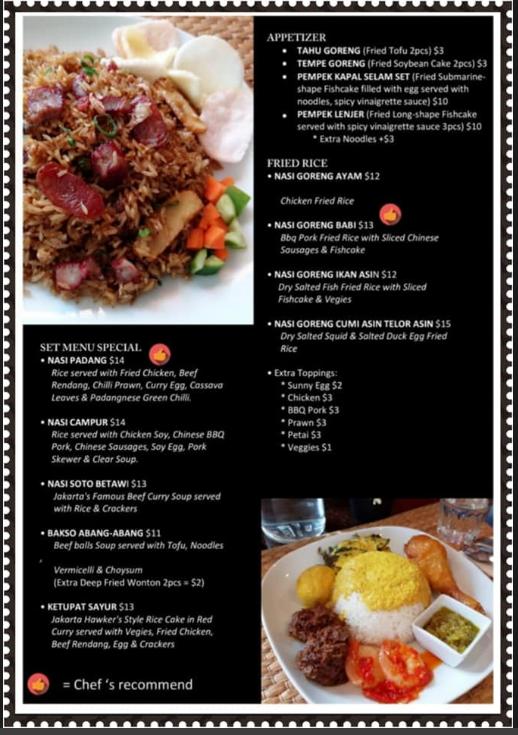 Menu at A'la Indo restaurant, Mascot