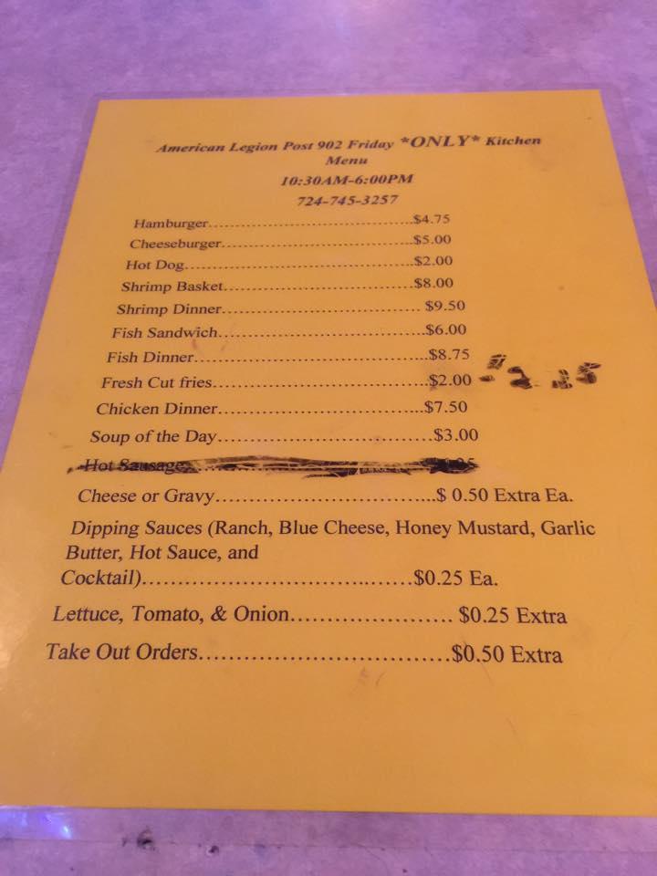 Menu at American Legion Post 902, Houston