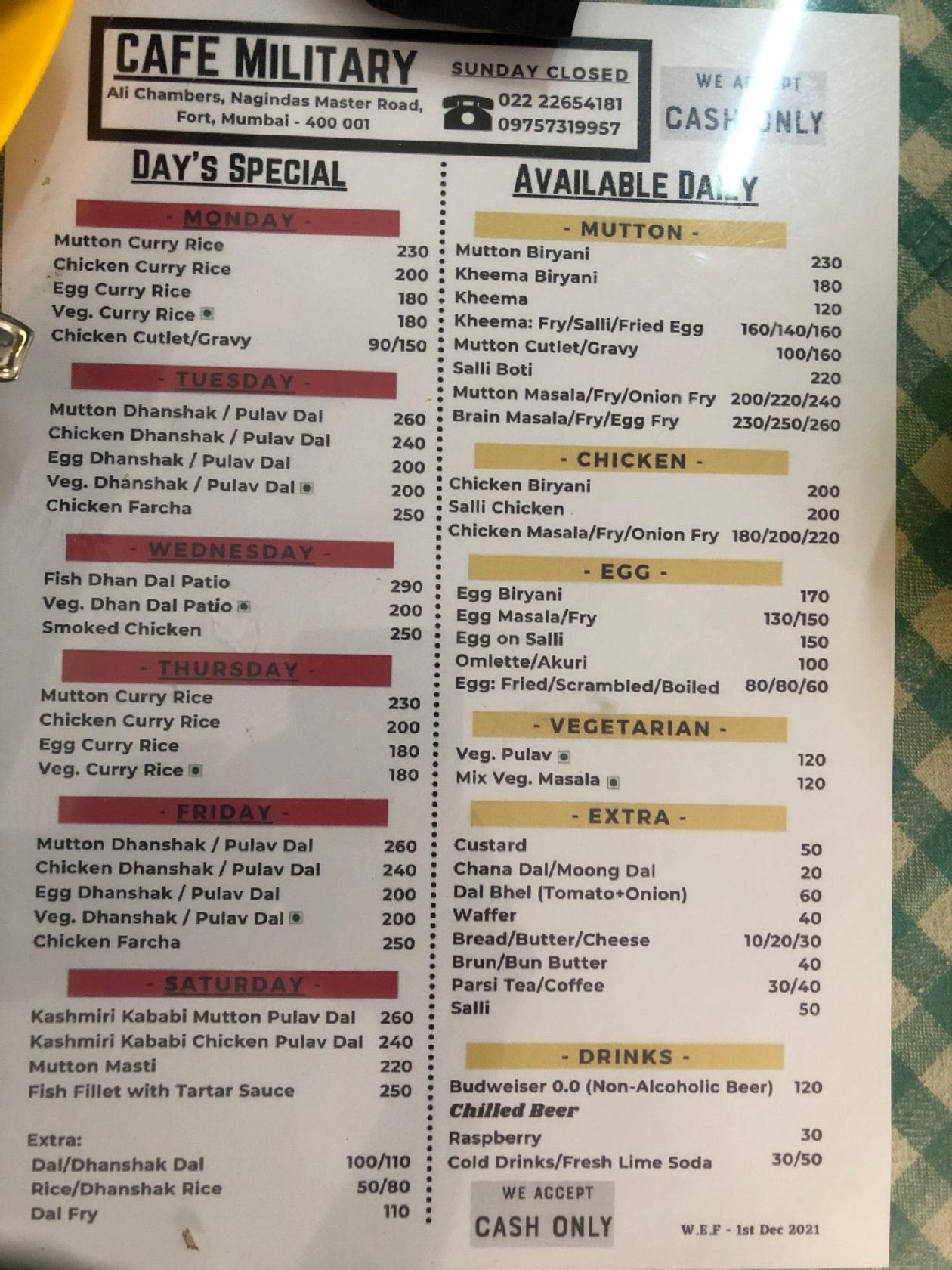 Menu at Cafe Military, Mumbai