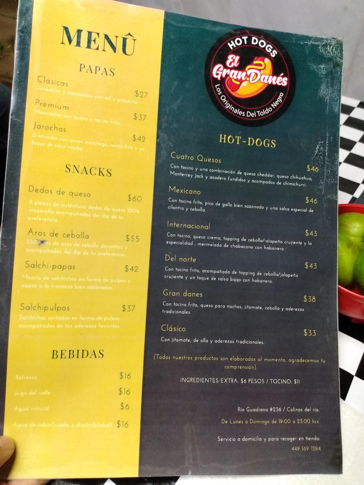 Menu at El gran Danés Hot dogs restaurant, Aguascalientes