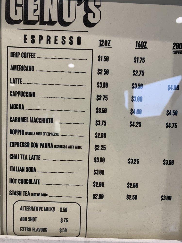 Menu at Geno's Espresso, Vancouver, Main St #100a
