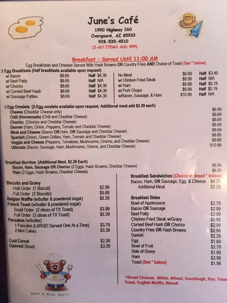 Menu at June's Cafe, Heber-Overgaard