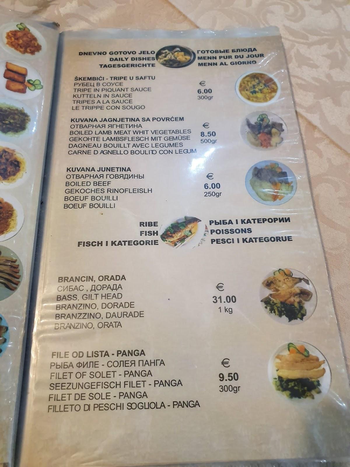Menu at L&M restaurant, Budva
