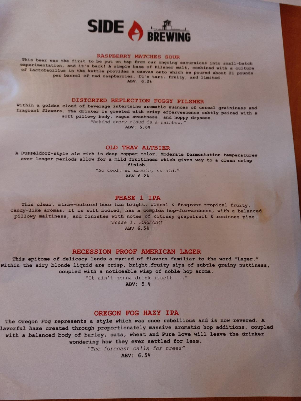 Menu at Side A Brewing pub & bar, La Grande, Washington Ave