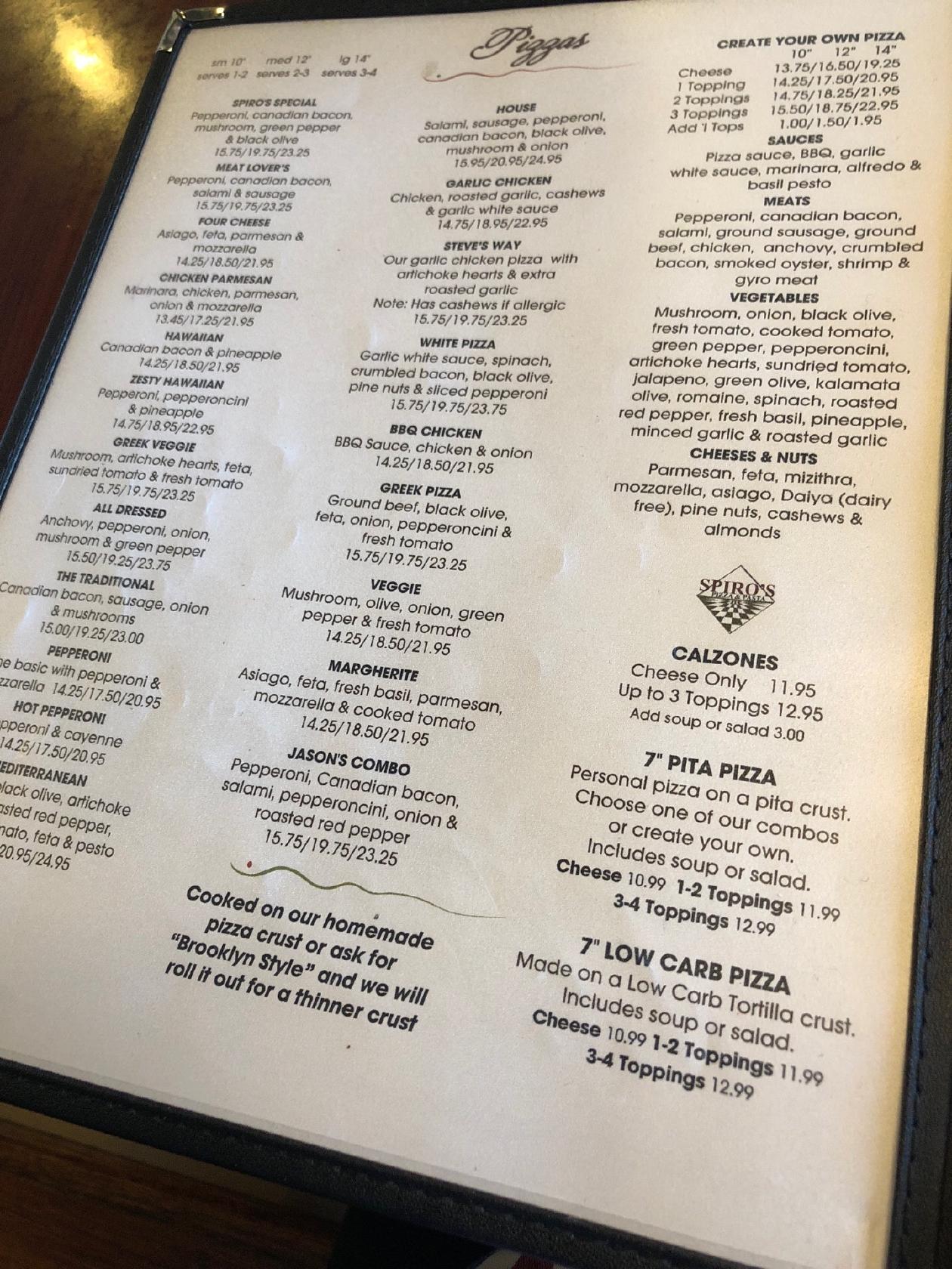 Menu at Spiro's Pizza & Pasta pizzeria, Bremerton