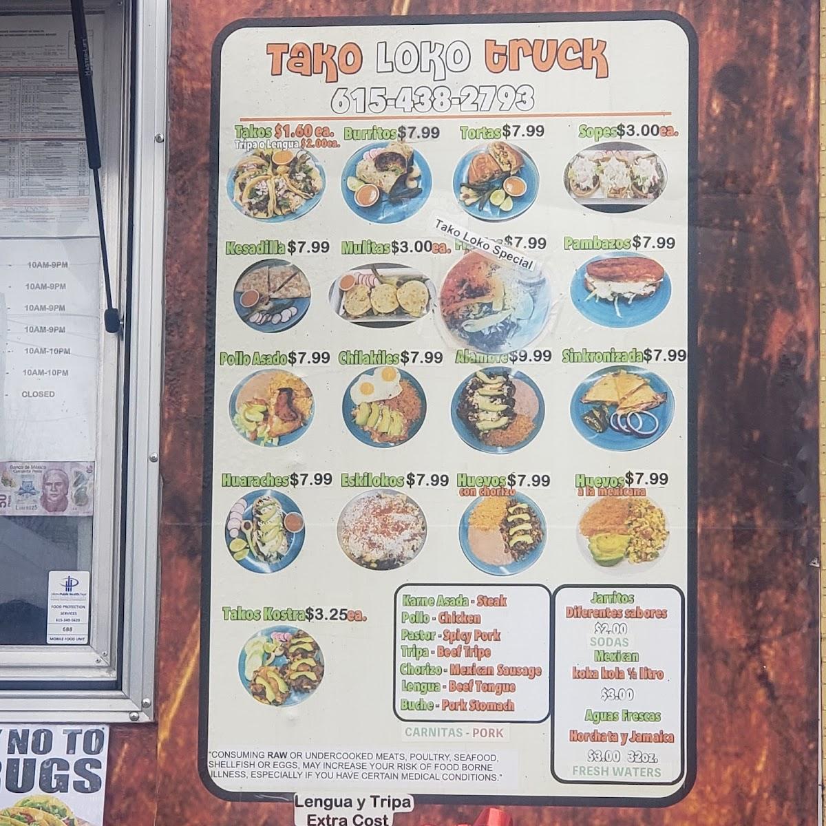 Menu at Tako Loko Truck restaurant, Nashville