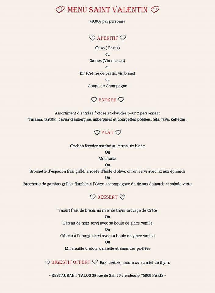 Menu at Talos restaurant, Paris