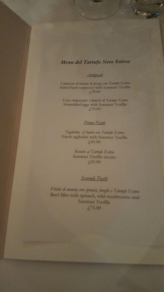 Menu at Zafferano restaurant, London
