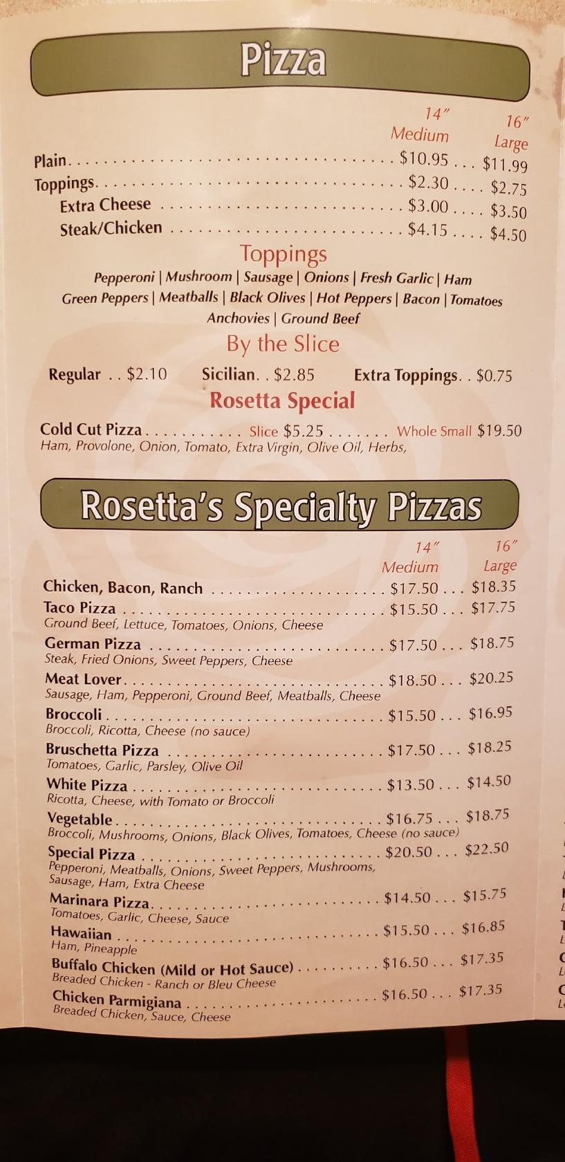 Menu at Rosetta’s Pizza pizzeria, Nesquehoning