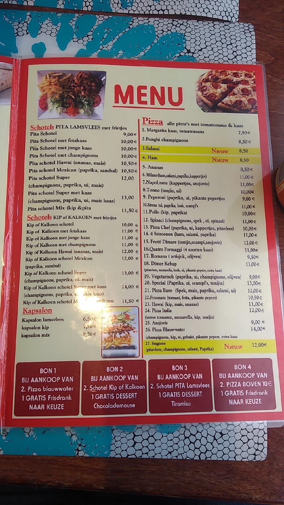 Menu at Blauw Water, Antwerp