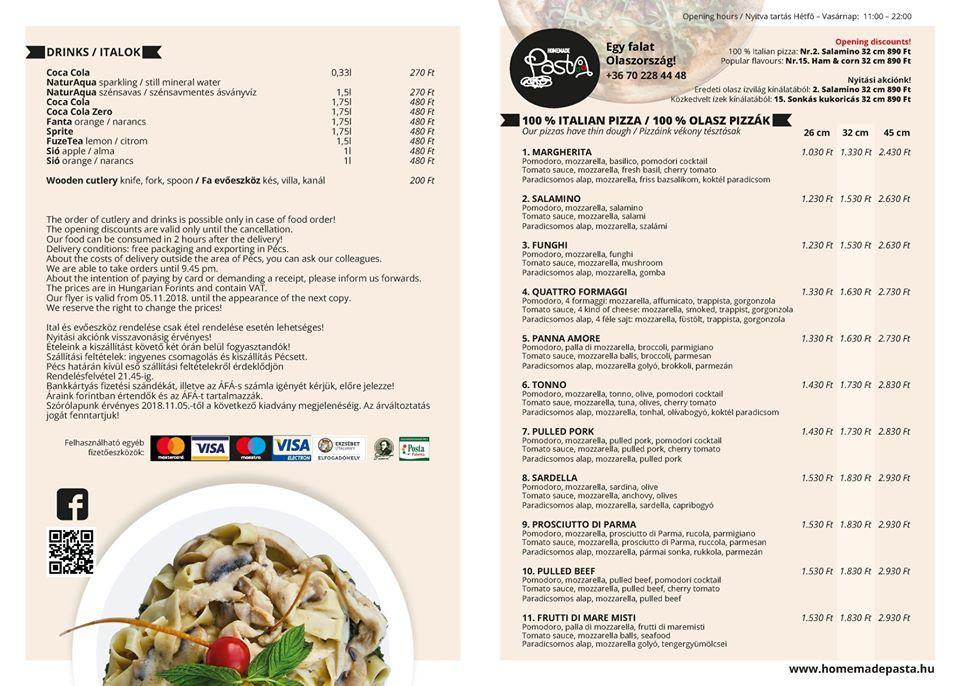 Menu at Homemade pasta restaurant, Pécs