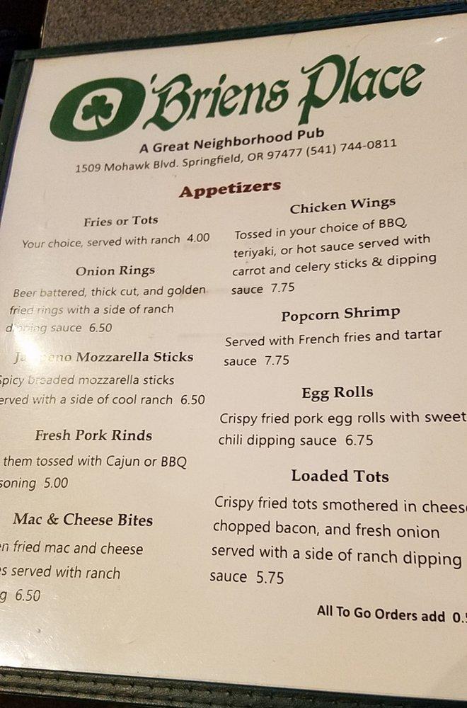 Menu at O'Briens Place pub & bar, Springfield