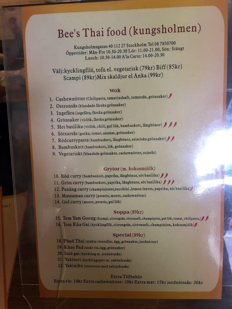 Menu at Bee’s Thai Food restaurant, Stockholm, Kungsholmsgatan 40
